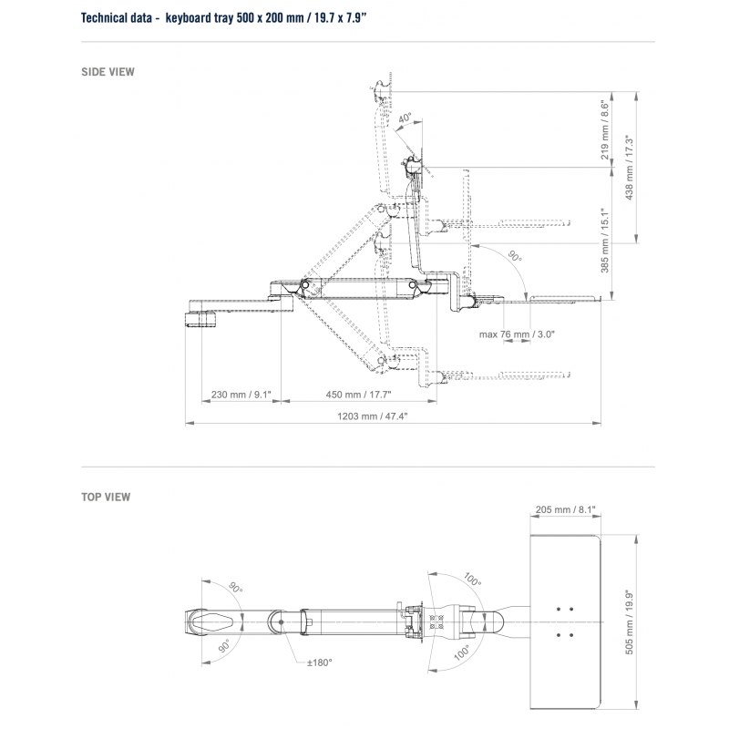 Extended height adjustable arm with fold-up Z-bracket